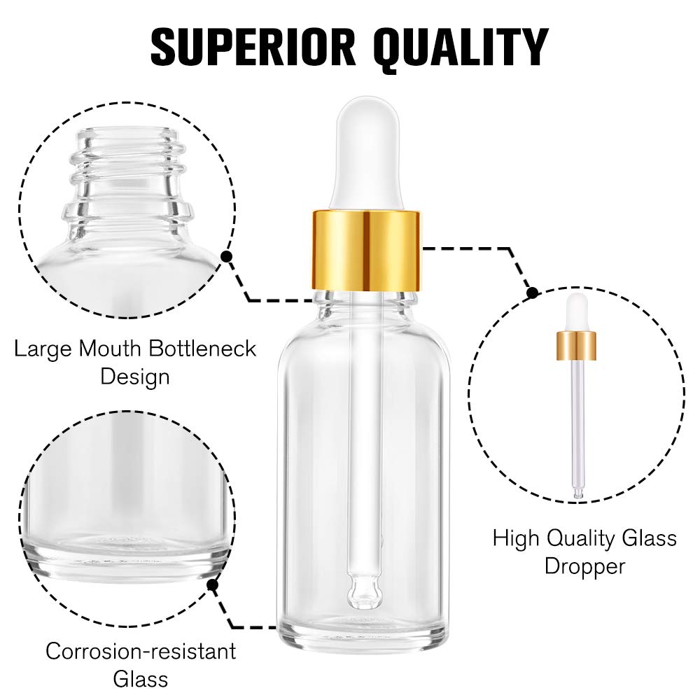 PrettyCare 1oz Glass Dropper Bottle 24 Pack Clear Glass Bottles Empty with 2 Funnels & 2 Long Pipettes, 30ml Eye Dropper Bottles for Essential/Cuticle/Body Oils, Tincture