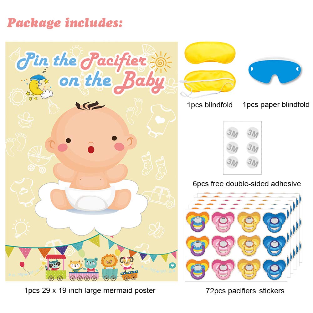 Hxezoc Pin The Pacifier On The Baby Game Large Baby Poster Games for Baby Shower Party Kids Birthday Party Supplies - 72 Pacifier Stickers