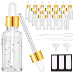 prettycare 1oz glass dropper bottle 24 pack clear glass bottles empty with 2 funnels & 2 long pipettes, 30ml eye dropper bottles for essential/cuticle/body oils, tincture