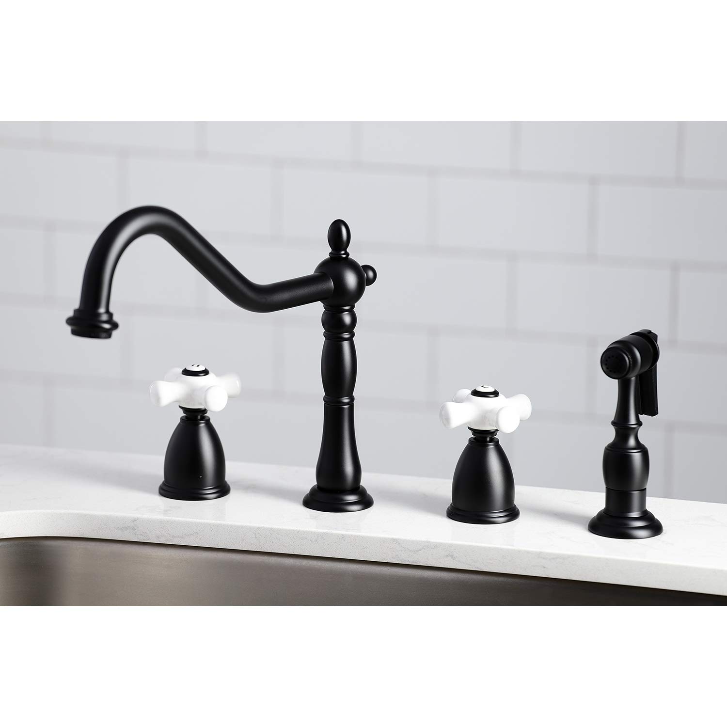 Kingston Brass KB1790PXBS Heritage Widespread Kitchen Faucet with Brass Sprayer, Matte Black