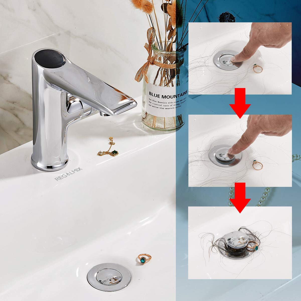 REGALMIX Pop Up Drain, Bathroom Faucet Vessel Vanity Sink Drain Stopper, Built-In Anti-Clogging Strainer, Polished Chrome without Overflow,Fits Standard American Drain Hole(1-1/2" to 1-3/4") R085A-CP