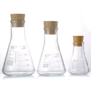 young4us glass erlenmeyer flask set, (250 ml, 150 ml & 50 ml) graduated borosilicate glass erlenmeyer flasks with rubber stoppers & accurate scales for lab, experiment, chemistry, science studies etc