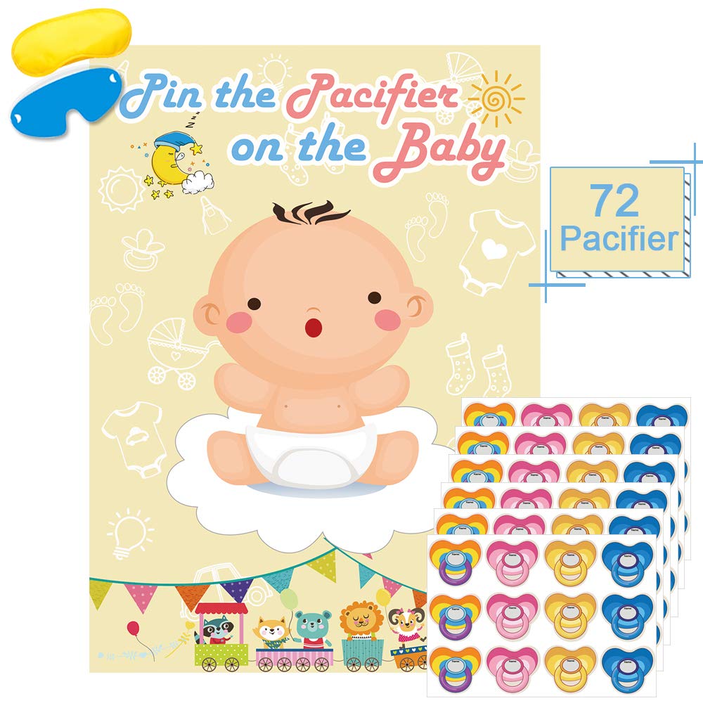 Hxezoc Pin The Pacifier On The Baby Game Large Baby Poster Games for Baby Shower Party Kids Birthday Party Supplies - 72 Pacifier Stickers