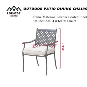 LOKATSE HOME 4 Piece Outdoor Patio Metal Wrought Iron Dining Chair Set with Arms and Seat Cushions - Beige