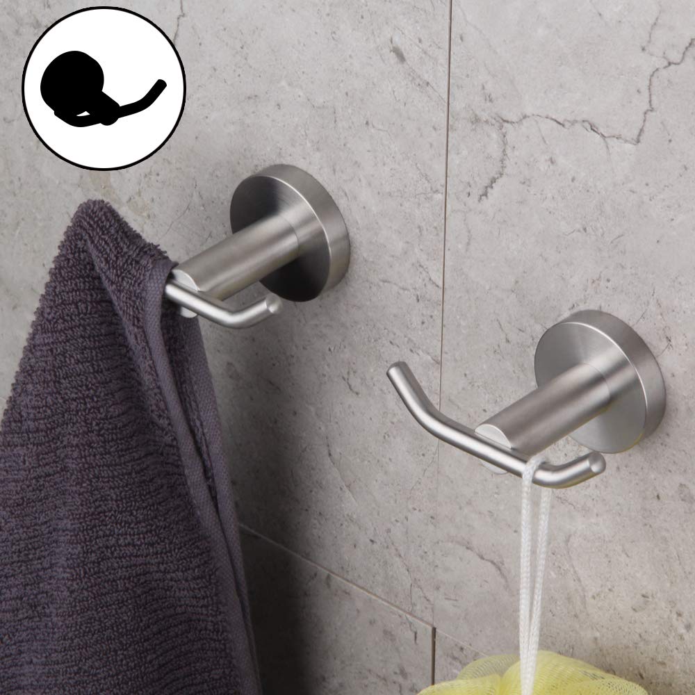 GERZ Bath Double Towel Hook SUS 304 Stainless Steel Coat/Robe Clothes Hook for Bath Kitchen Modern Hotel Style Wall Mounted 2 Pack Brushed Finish