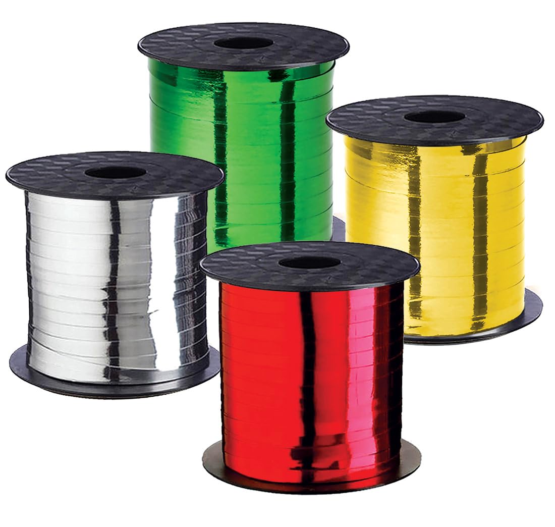 Xmas Ribbon - Christmas Ribbon Set of 4 Rolls Silver Red Green Gold Curling Ribbons Thin for Holiday Wrapping & Decoration