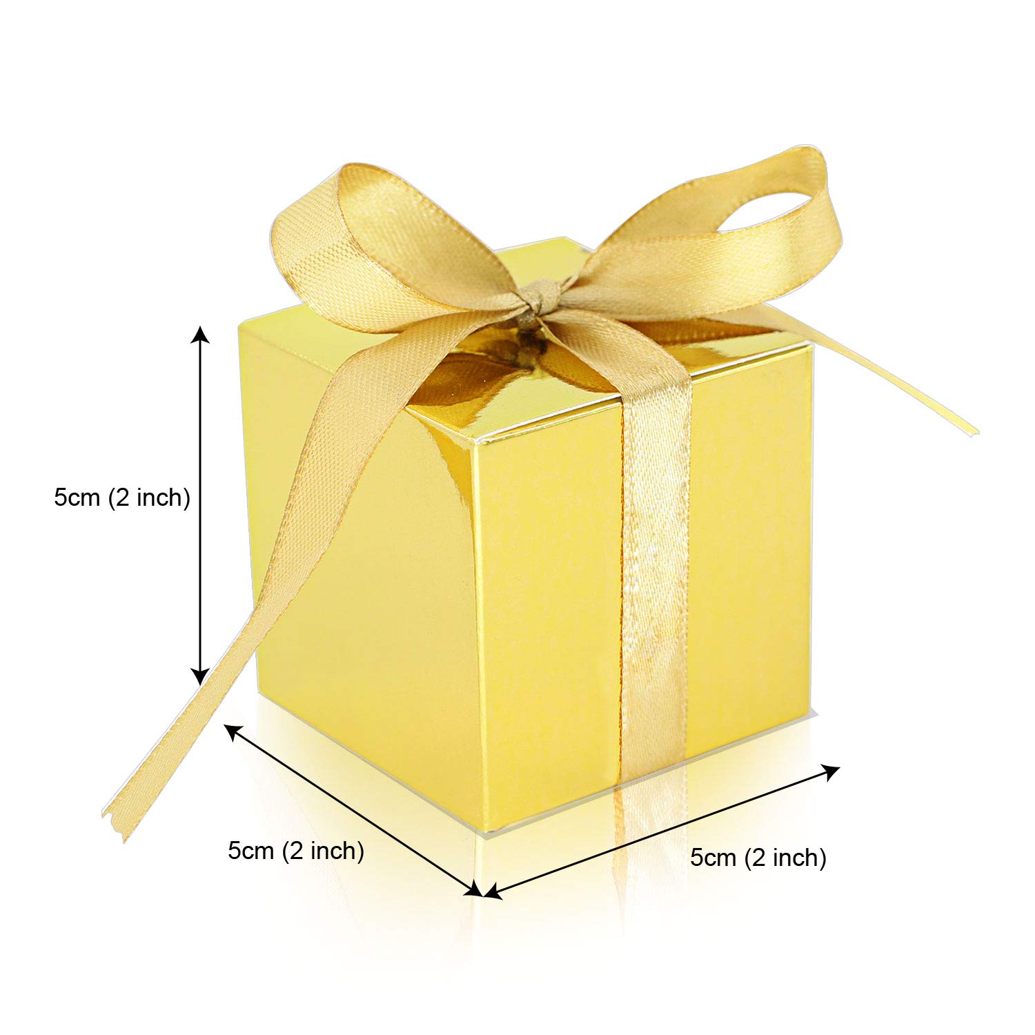 KPOSIYA 100 Pack Favor Boxes 2x2x2 inch Candy Boxes Gold Gift Boxes with Ribbons for Wedding Baby Shower Decorations Birthday Party Supplies