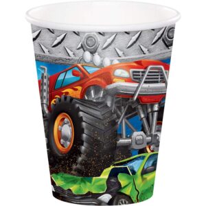 Monster Truck Rally Party Supplies Pack Serves 16 Dessert Plates Beverage Napkins and Cups with Birthday Candles - Monster Truck Birthday Supplies (Bundle for 16)