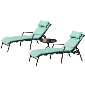 lokatse home 3 pieces outdoor patio chaise lounge chair lounger seating furniture set with cushions and table, light blue