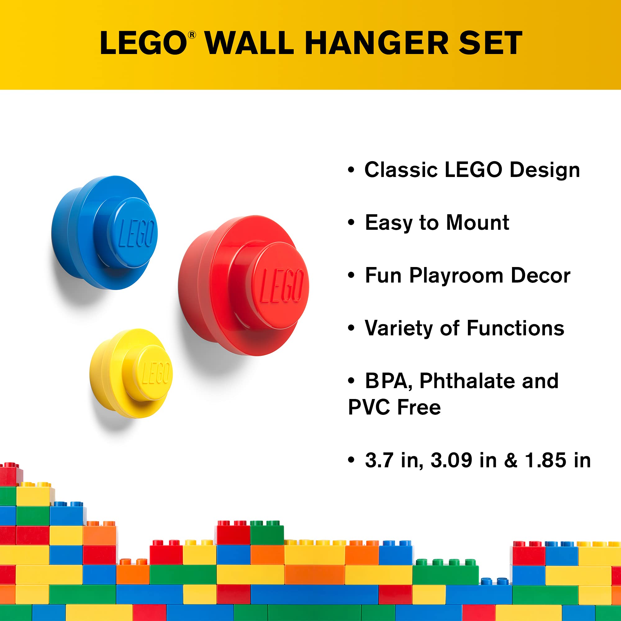 ROOM Copenhagen, Lego Wall Hanger Set - Decorative Playroom Utility Hooks - Yellow/Red/Blue