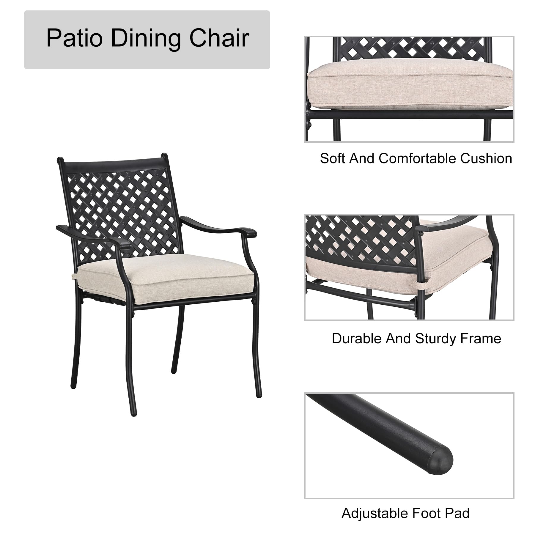 LOKATSE HOME 4 Piece Outdoor Patio Metal Wrought Iron Dining Chair Set with Arms and Seat Cushions - Beige