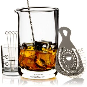 cork & mill cocktail mixing glass, old fashioned kit, large 24 oz crystal cocktail mixer for bartenders and mixologists, 9-piece bar accessories cocktail set for manhattans and other whiskey drinks