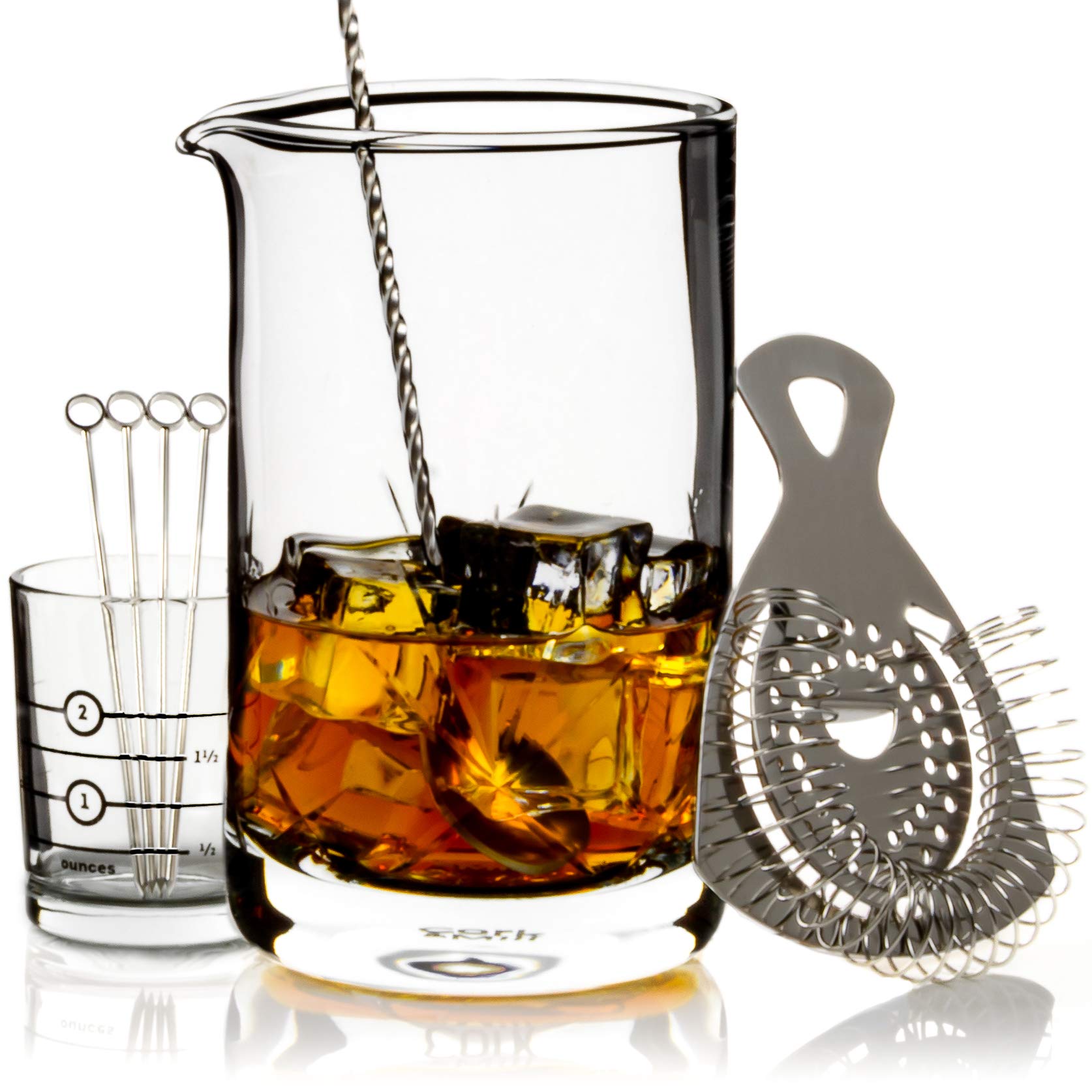 Cork & Mill Cocktail Mixing Glass, Old Fashioned Kit, Large 24 oz Crystal Cocktail Mixer for Bartenders and Mixologists, 9-Piece Bar Accessories Cocktail Set for Manhattans and Other Whiskey Drinks