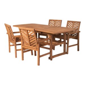 Walker Edison 4-6 Person Outdoor Wood Chevron Back Patio Furniture Dining Set Extendable Table Chairs All Weather Backyard Conversation Garden Poolside Balcony, 5 Piece, Brown