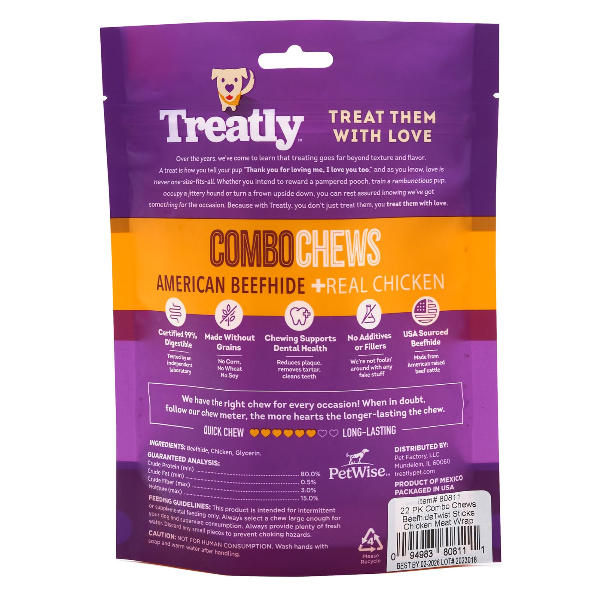 Treatly Combo Chews Beefhide Twist Sticks 5" w/Chicken Meat Wrap Dog Chew Treats - 22 Count/1 Pack