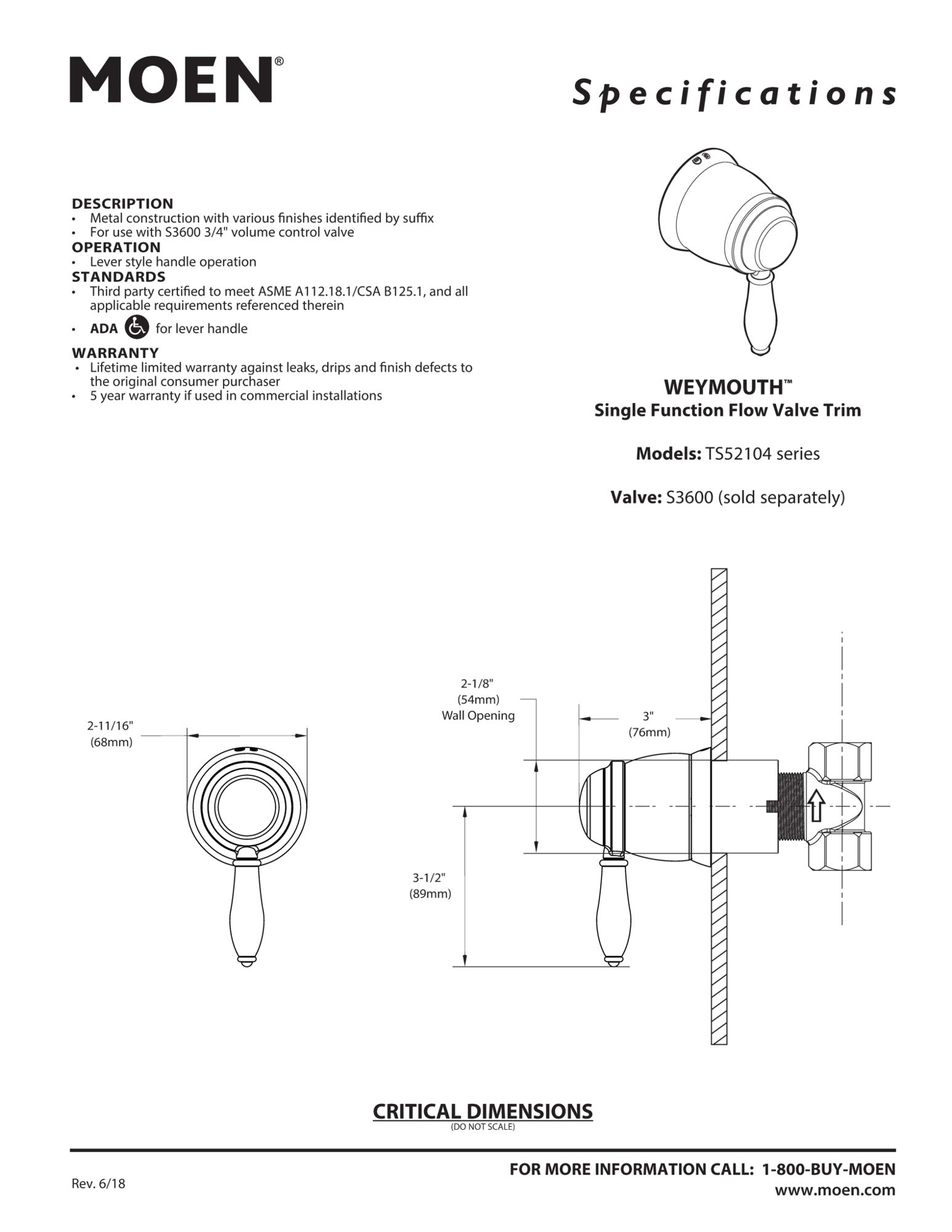 Moen TS5104BL Weymouth Volume Control Trim Kit, Valve Required, Matte Black