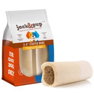 jack&pup filled dog bones for aggressive chewers, 3-to-4-inch dog chew treats dog bone - peanut butter flavor - all natural dog bones stuffed dog dental treats - 4 pack