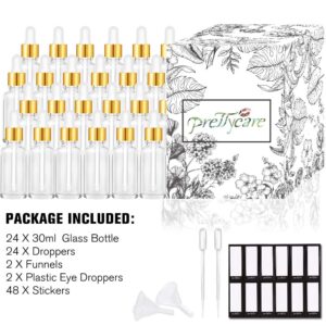 PrettyCare 1oz Glass Dropper Bottle 24 Pack Clear Glass Bottles Empty with 2 Funnels & 2 Long Pipettes, 30ml Eye Dropper Bottles for Essential/Cuticle/Body Oils, Tincture