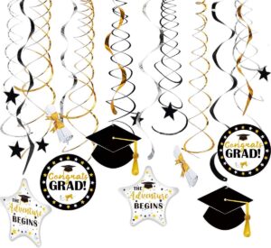 decor365 gold black silver graduation decorations hanging swirls congrats grad banner black graduation cap stars adventure begins dangling home classroom decor for high school/college/university