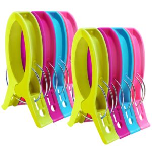 higift 6.3 inch jumbo beach towel clips for beach chairs，large towel clips for cruise chair pool towel clips on lounge chairs lawn chair in bright color-keep your towel from blowing away-8 pack