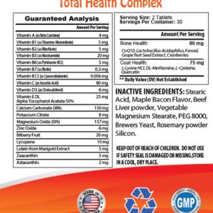 Dog Skin and Coat Supplements - Dogs Total Health Complex - Hair Coat Skin Teeth Gums Eye Urinary Support - Immune Booster - coq10 for Dog - 120 Tablets (2 Bottles)