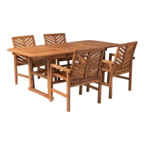 walker edison 4-6 person outdoor wood chevron back patio furniture dining set extendable table chairs all weather backyard conversation garden poolside balcony, 5 piece, brown