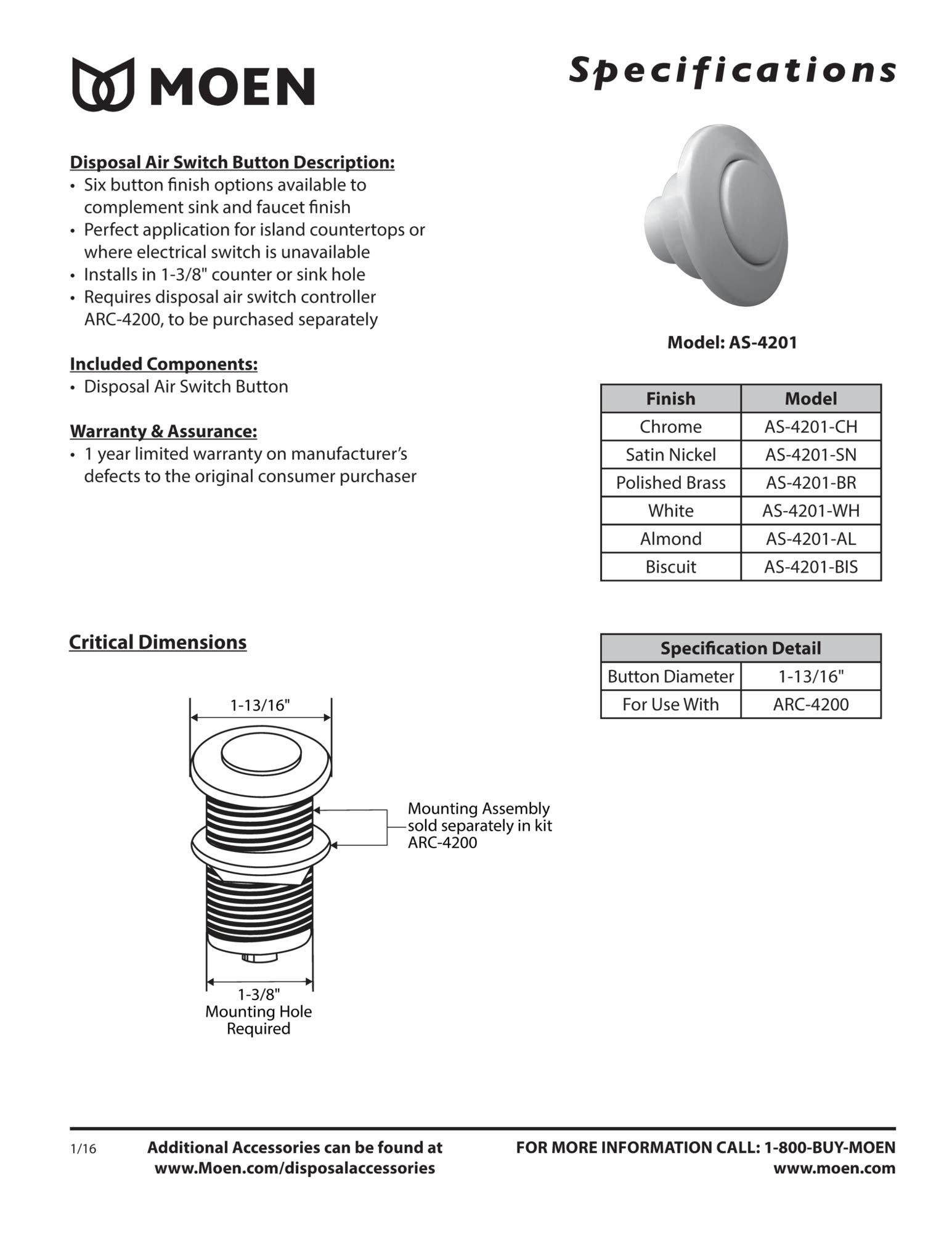 Moen Polished Nickel Garbage Disposal Air Switch Coordinating Decorative Button, Decorative Button Only, Housing Required, AS-4201-NL