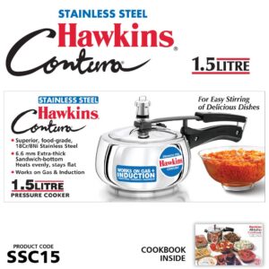 HAWKINS Contura Stainless Steel Pressure Cooker For Induction, Gas And Electric Stoves (1.5 Liter), silver (SSC15)