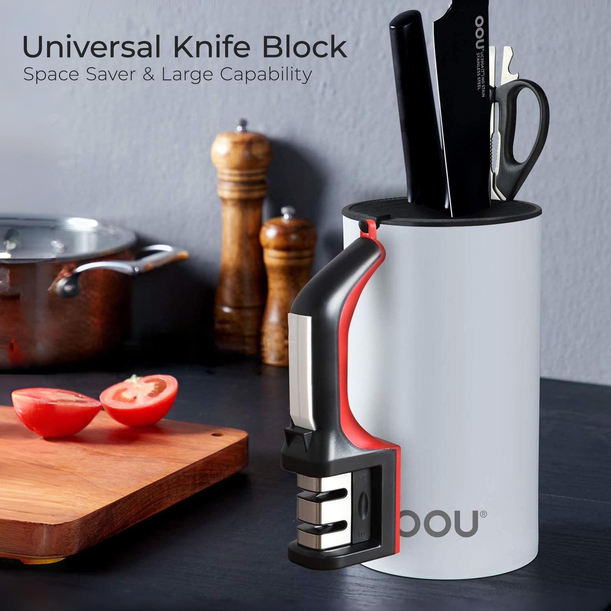 OOU Universal Knife Block Holder - Round Kitchen Knife Storage Unique Slot Design to Protect Blades, Space Saver Knife Organizer Detachable for Easy Cleaning, White