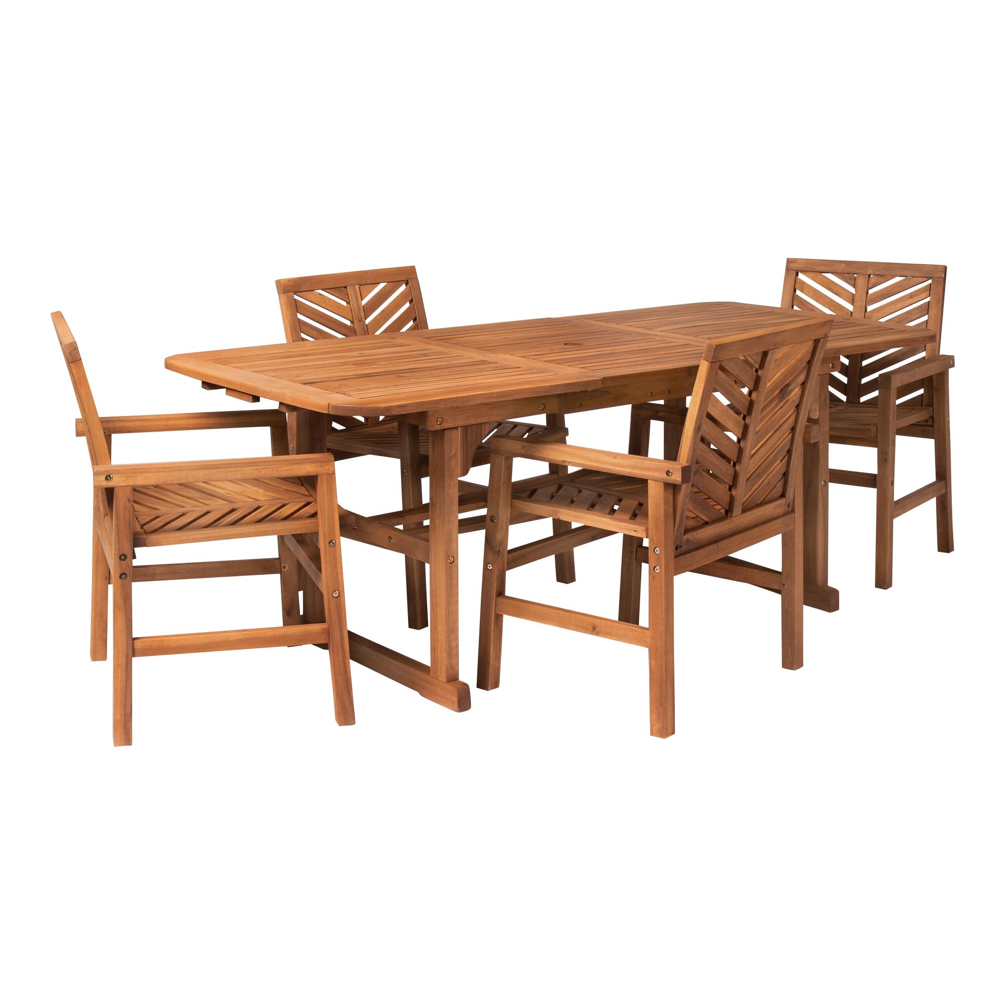 Walker Edison 4-6 Person Outdoor Wood Chevron Back Patio Furniture Dining Set Extendable Table Chairs All Weather Backyard Conversation Garden Poolside Balcony, 5 Piece, Brown