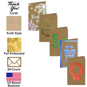 Iconikal Kraft Christmas Thank You Note Cards with Envelopes, Foil Embellished, 30-Count