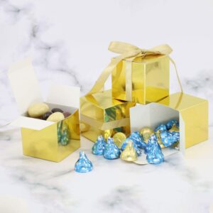 KPOSIYA 100 Pack Favor Boxes 2x2x2 inch Candy Boxes Gold Gift Boxes with Ribbons for Wedding Baby Shower Decorations Birthday Party Supplies