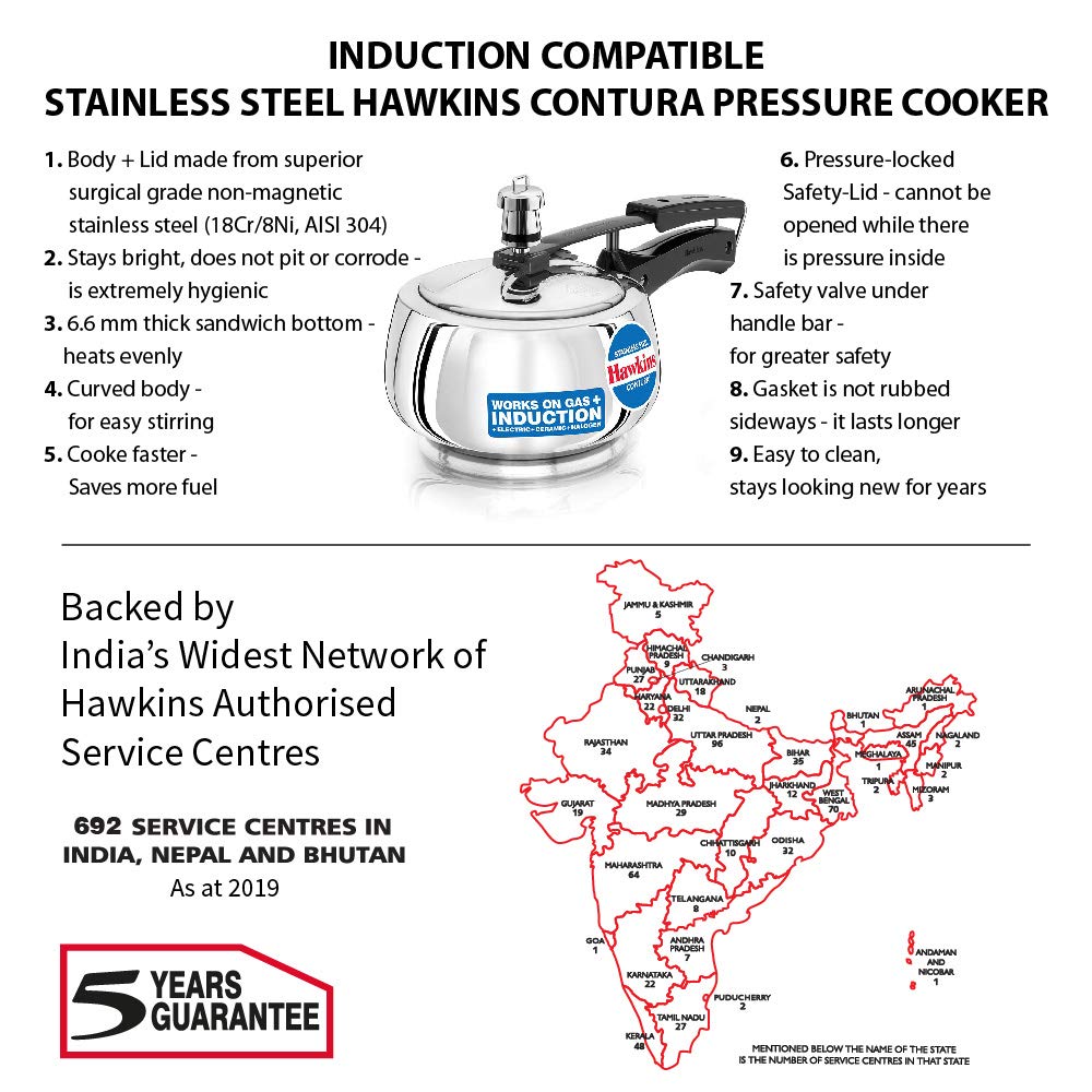 HAWKINS Contura Stainless Steel Pressure Cooker For Induction, Gas And Electric Stoves (1.5 Liter), silver (SSC15)