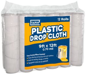 painters plastic drop cloth (12 pack), 9x12 feet, plastic tarp dust cover, plastic covers for furniture, plastic drop cloth for painting, painting tarp