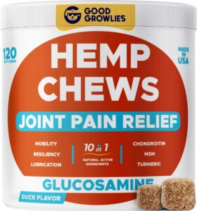 goodgrowlies hemp hip & joint supplement for dogs - made in usa - glucosamine - msm - turmeric - hemp seed oil infused treats - natural joint pain relief & mobility - 120 soft chews