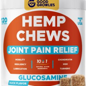 GOODGROWLIES Hemp Hip & Joint Supplement for Dogs - Made in USA - Glucosamine - MSM - Turmeric - Hemp Seed Oil Infused Treats - Natural Joint Pain Relief & Mobility - 120 Soft Chews