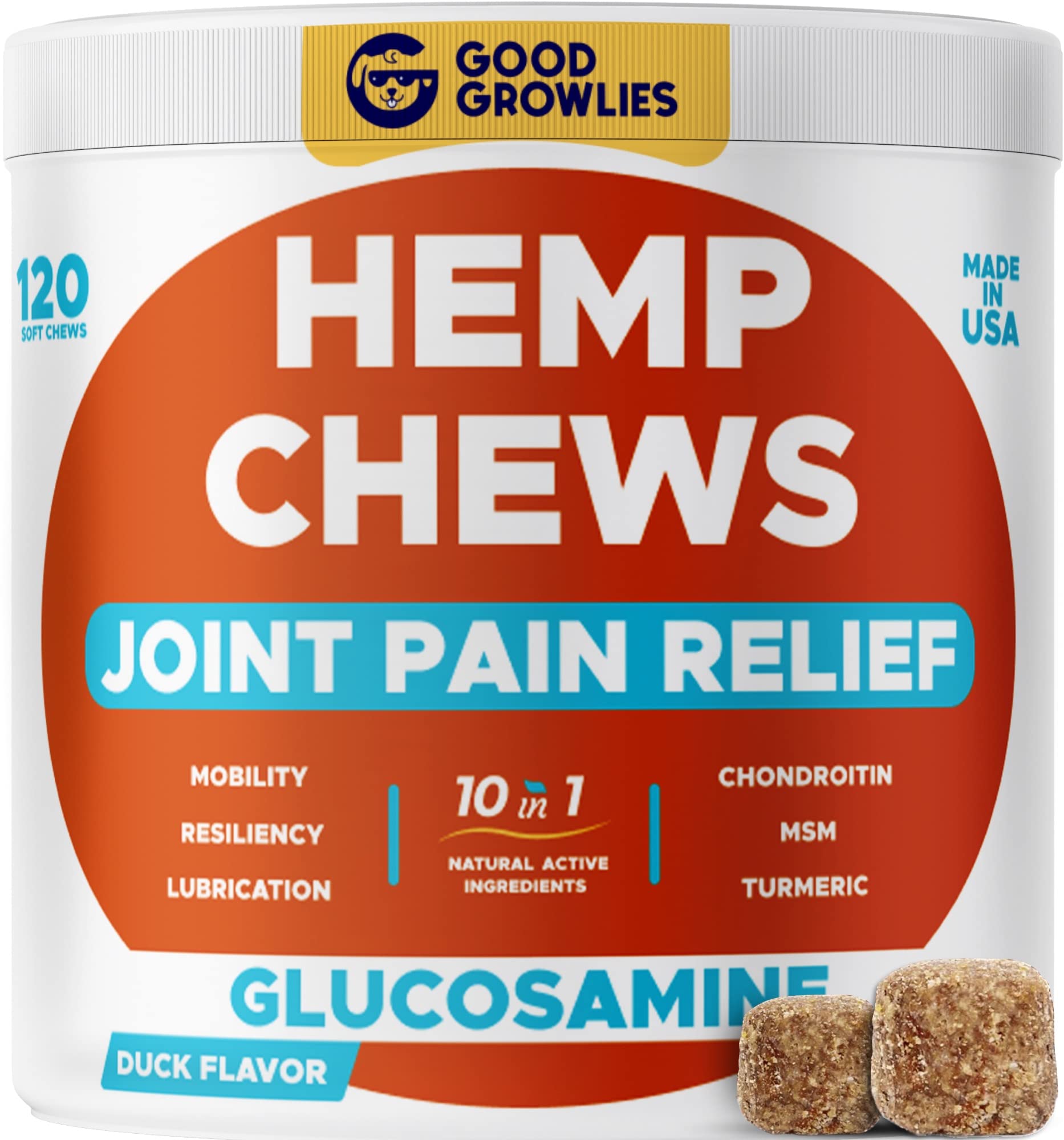 GOODGROWLIES Hemp Hip & Joint Supplement for Dogs - Made in USA - Glucosamine - MSM - Turmeric - Hemp Seed Oil Infused Treats - Natural Joint Pain Relief & Mobility - 120 Soft Chews