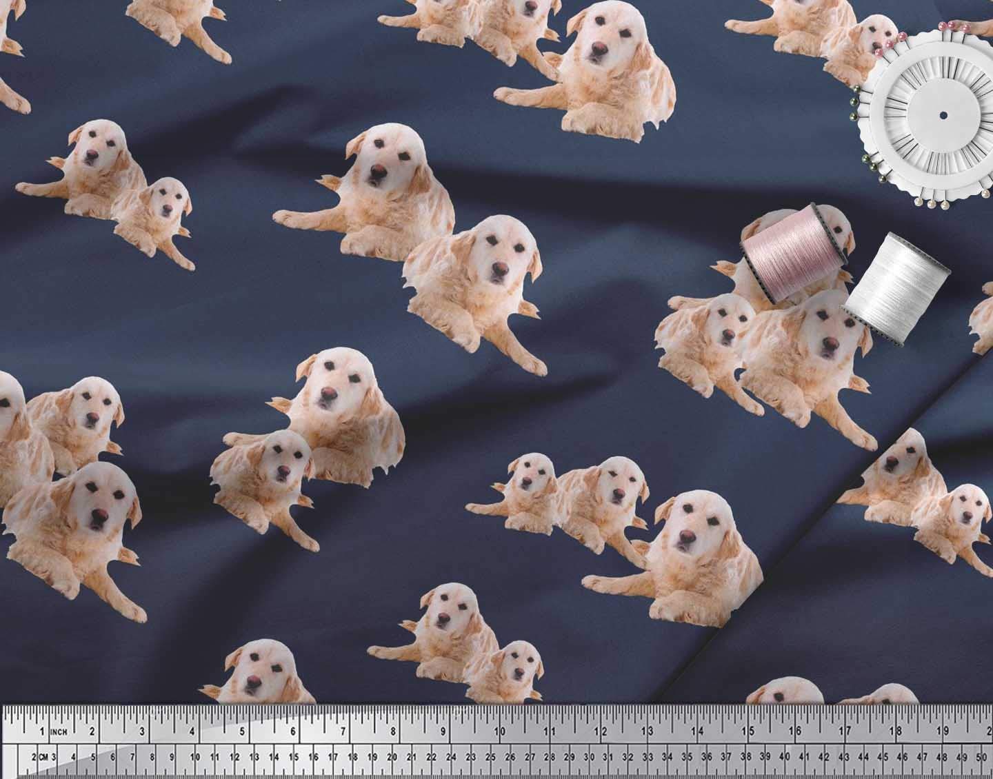 Soimoi Cotton Cambric Blue Fabric - by The Yard - 42 Inch Wide - Golden Retriever Dog Print Fabric - Warm and Friendly Designs for Pet-Adoring Homes Printed Fabric