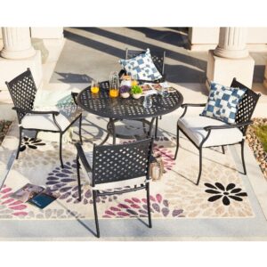 LOKATSE HOME 4 Piece Outdoor Patio Metal Wrought Iron Dining Chair Set with Arms and Seat Cushions - Beige