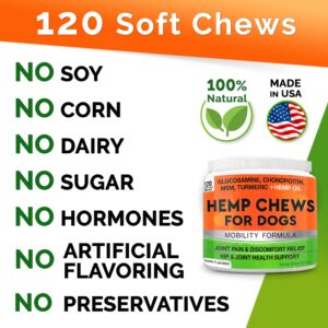 GOODGROWLIES Hemp Hip & Joint Supplement for Dogs - Made in USA - Glucosamine - MSM - Turmeric - Hemp Seed Oil Infused Treats - Natural Joint Pain Relief & Mobility - 120 Soft Chews