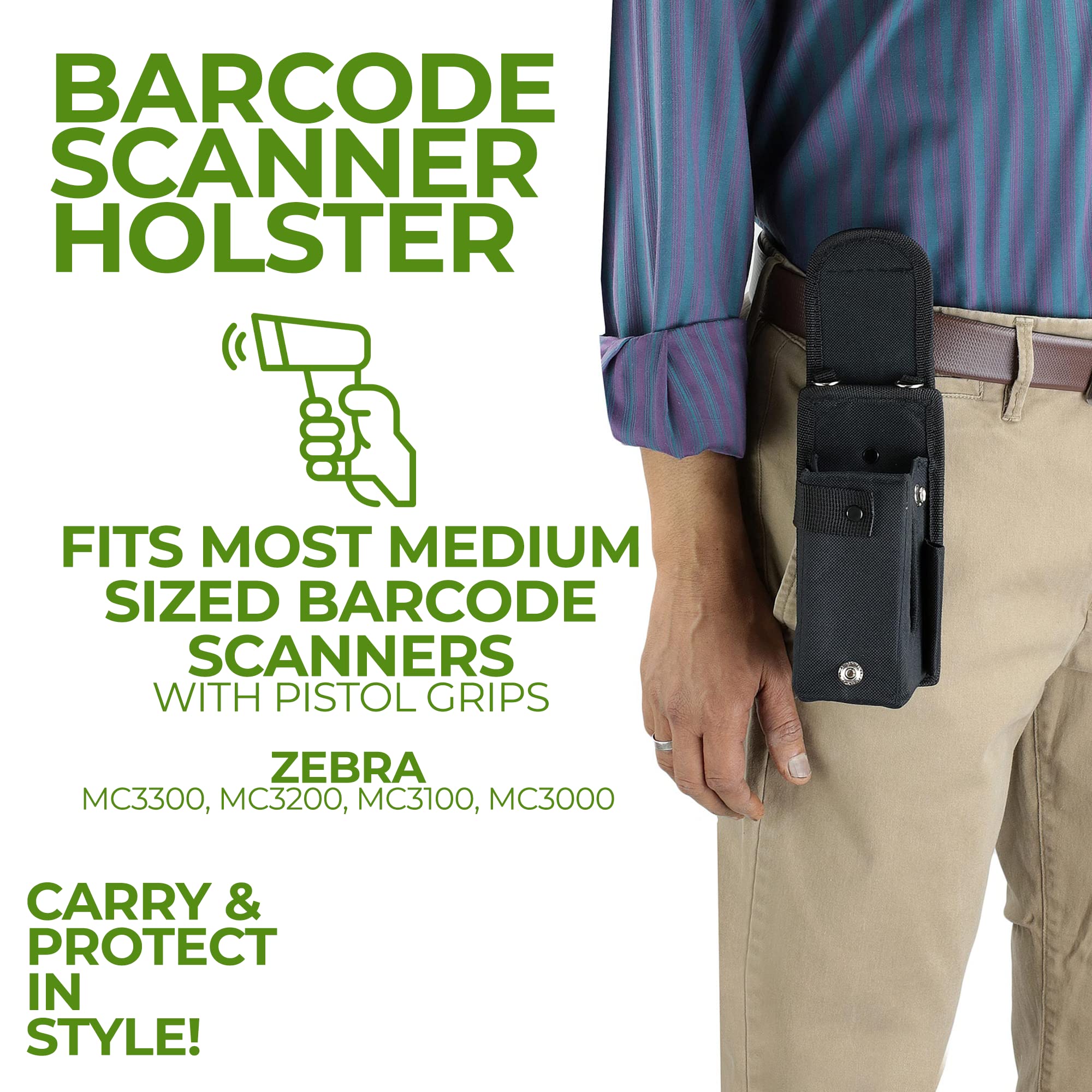 e-Holster Barcode Scanner Holster (Medium) | Ballistic Nylon Carrying Case Pouch for Pistol-Grip Mobile Computers | Belt Clip, Belt Loop, Shoulder Strap | Fits Zebra Scanner MC3300/3200/3100/3000