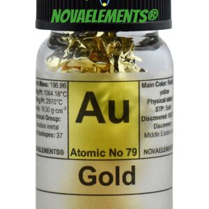 Gold Metal Element 79 Sample Au, Fulfilled Vial with 24K foil/Leaf 99,99% Labeled Glass Vial