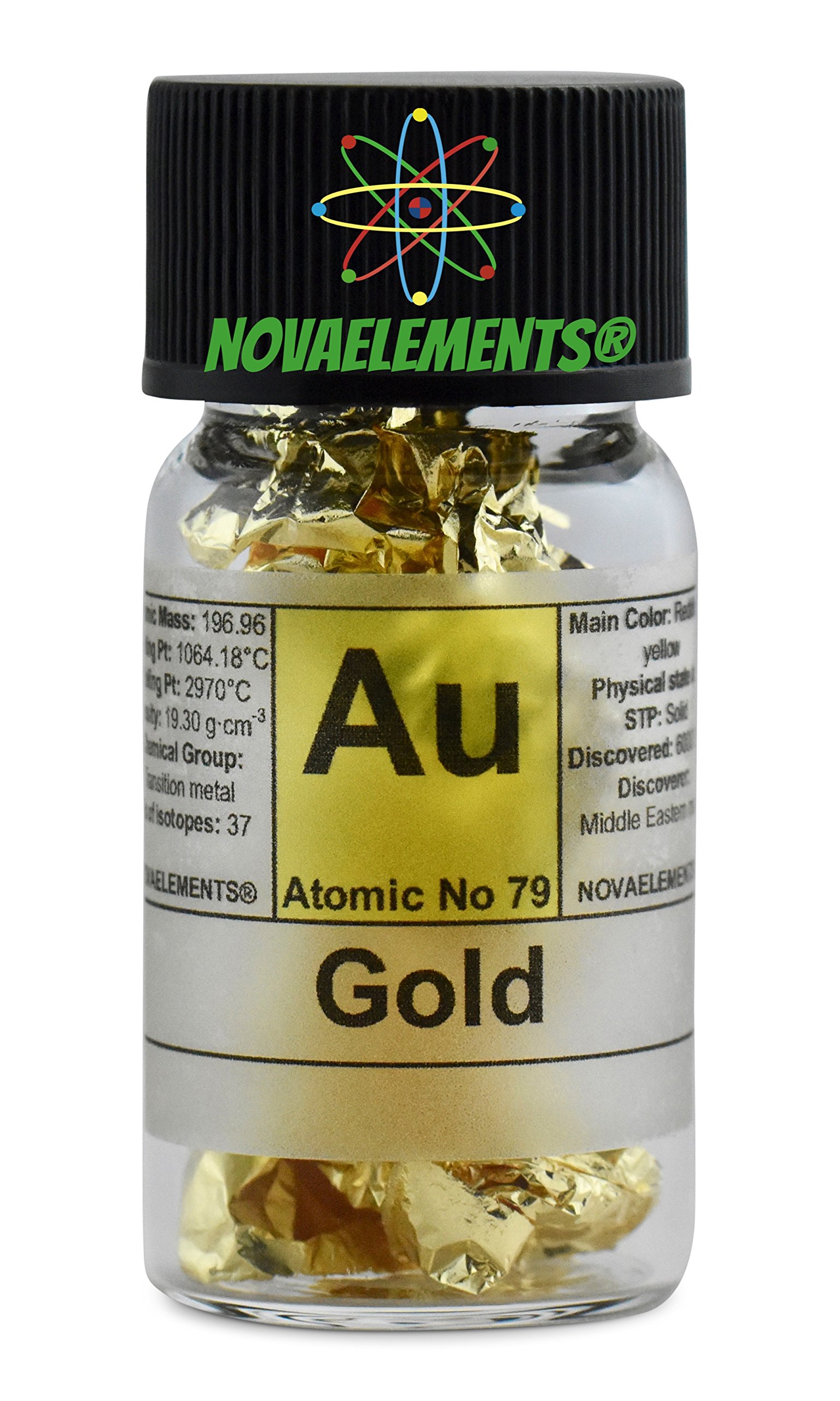 Gold Metal Element 79 Sample Au, Fulfilled Vial with 24K foil/Leaf 99,99% Labeled Glass Vial