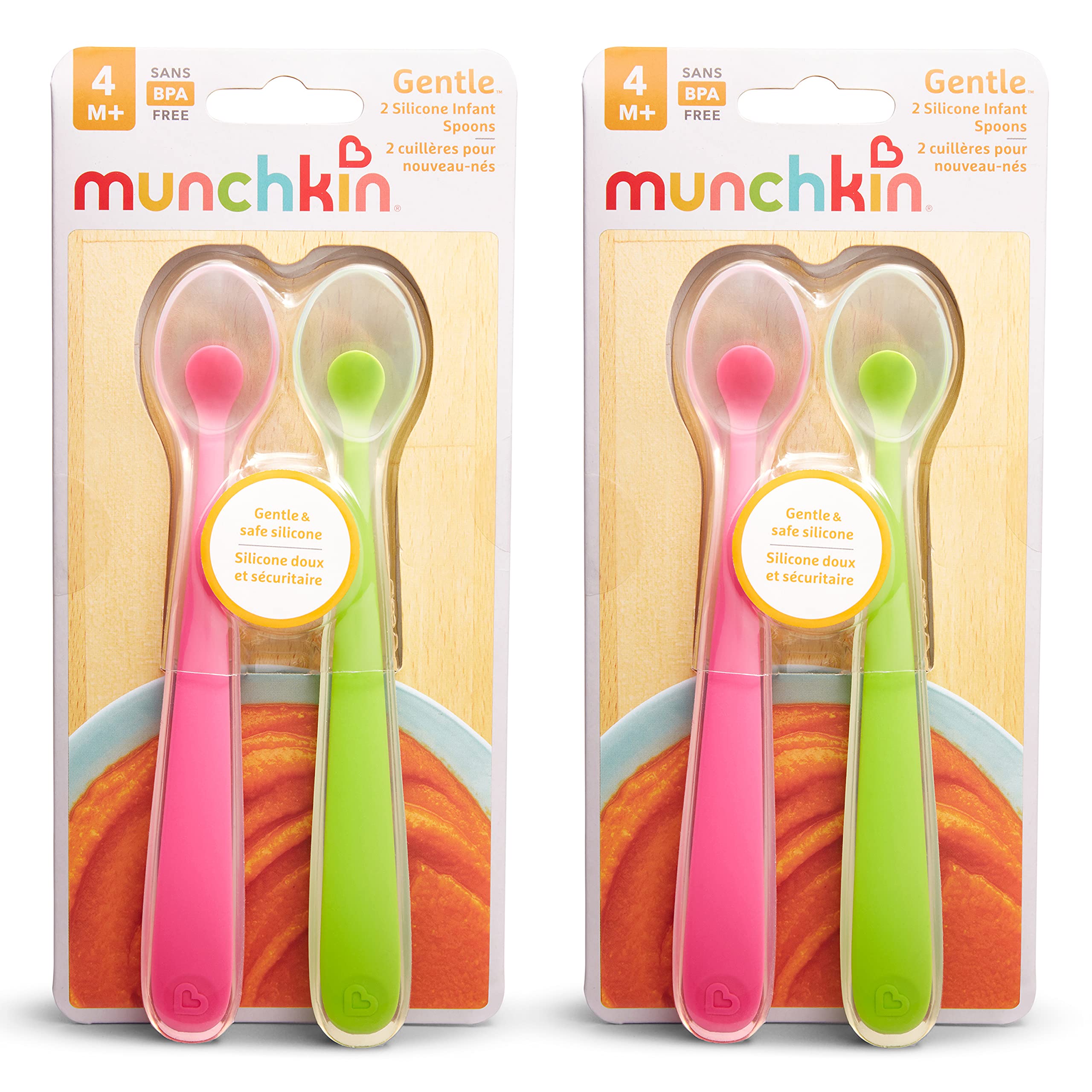 Munchkin® Gentle™ Silicone Spoons, 4 Pack, Pink/Green