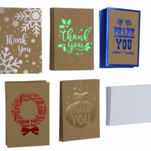 Iconikal Kraft Christmas Thank You Note Cards with Envelopes, Foil Embellished, 30-Count