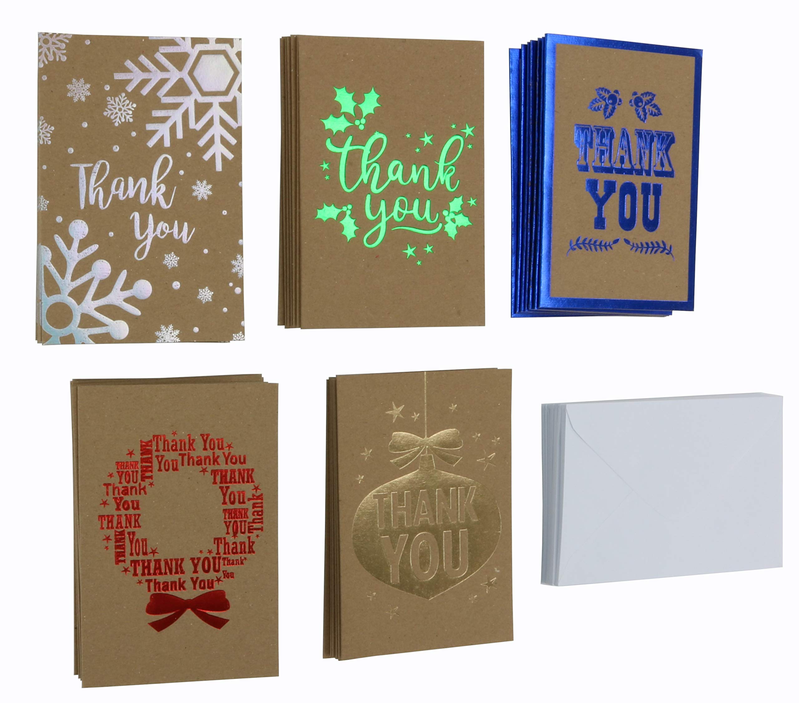 Iconikal Kraft Christmas Thank You Note Cards with Envelopes, Foil Embellished, 30-Count