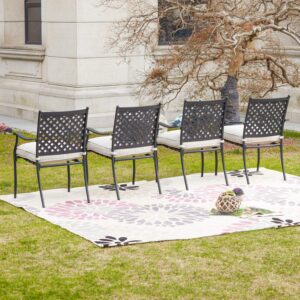 LOKATSE HOME 4 Piece Outdoor Patio Metal Wrought Iron Dining Chair Set with Arms and Seat Cushions - Beige