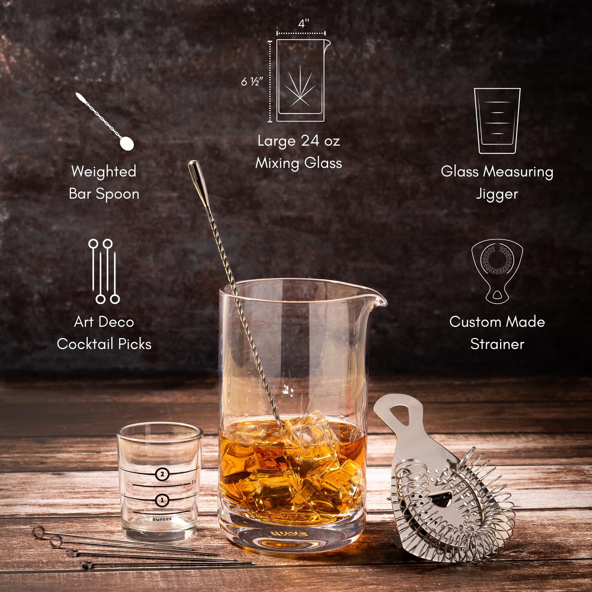 Cork & Mill Cocktail Mixing Glass, Old Fashioned Kit, Large 24 oz Crystal Cocktail Mixer for Bartenders and Mixologists, 9-Piece Bar Accessories Cocktail Set for Manhattans and Other Whiskey Drinks