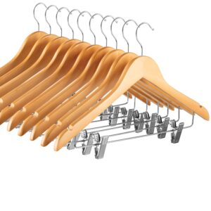 zober high-grade wooden suit hangers (10 pack) with durable adjustable metal clips, 360° swivel hook, shoulder notches for dress coat, blouse, jacket