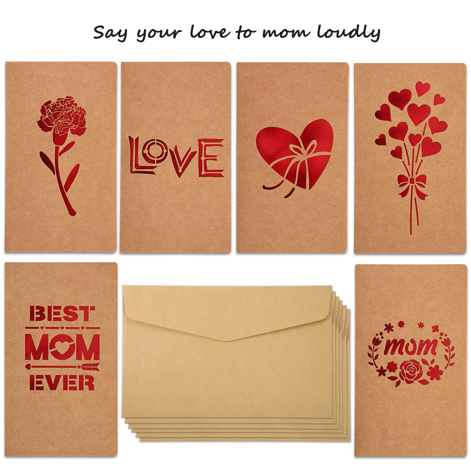 Chinco Mother's Day Greeting Gift Cards,6 Unique Assorted Kraft Die Cut Design Mother's Day Gift Best Mom Ever Cards for Mothers Day Mothers Birthday Party Supplies, Envelopes Included（12 Pieces）